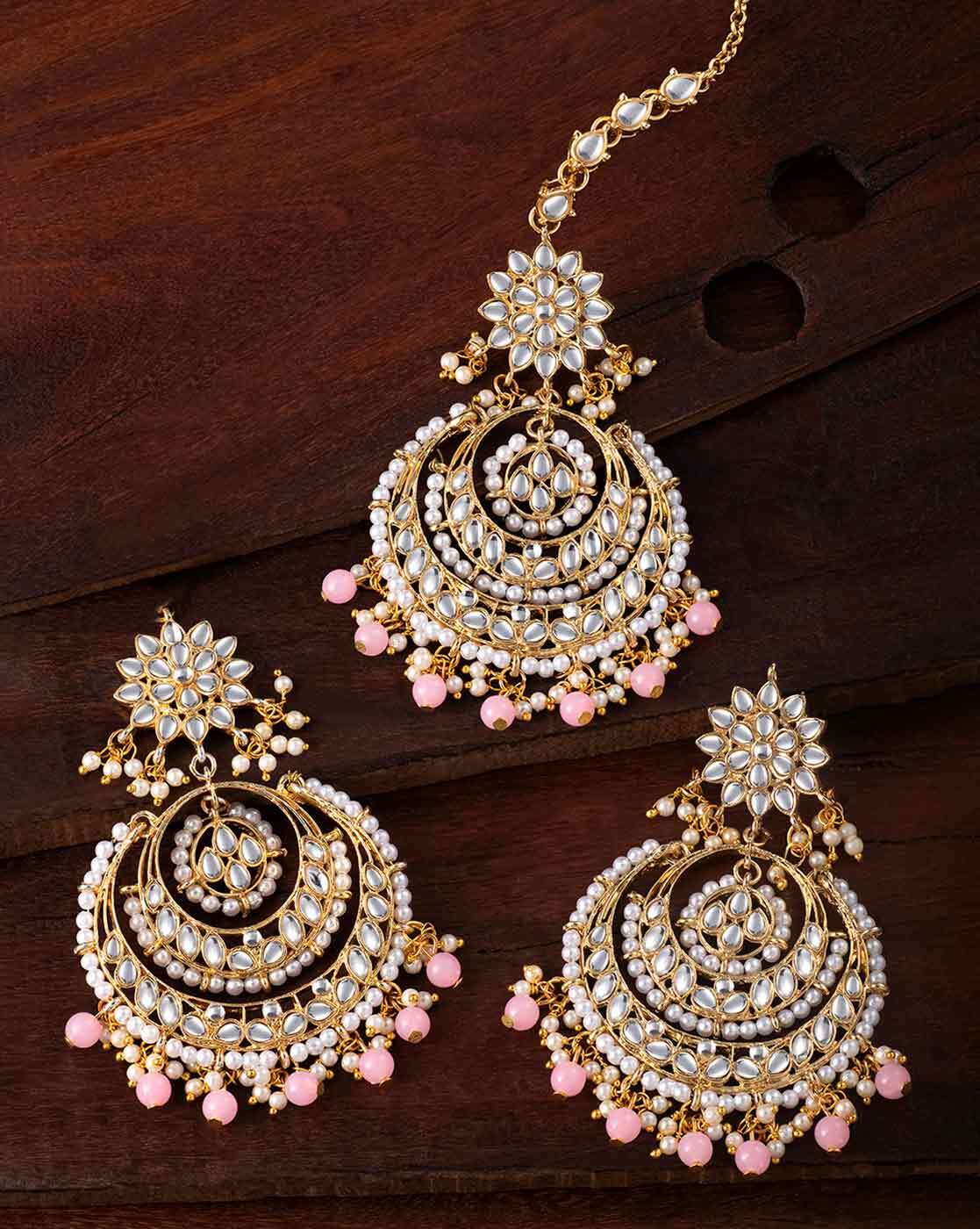 Pink earrings and maang tikka set store