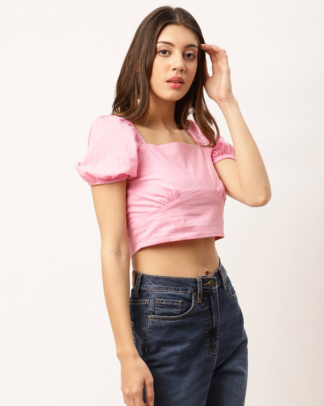 Lite Purple Color Women's Satin Short Sleeves Crop Top, 42% OFF