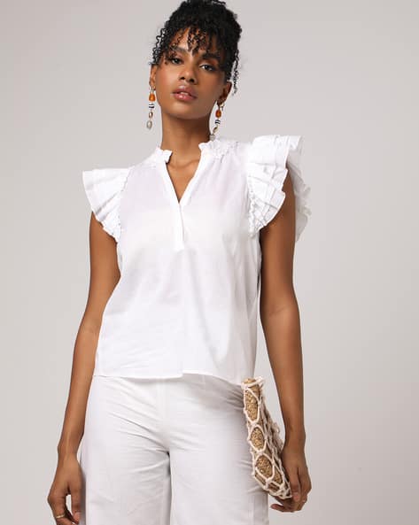 White Ruffled Blouses Cotton NONI RUFFLE TOP WHITE | RUBY