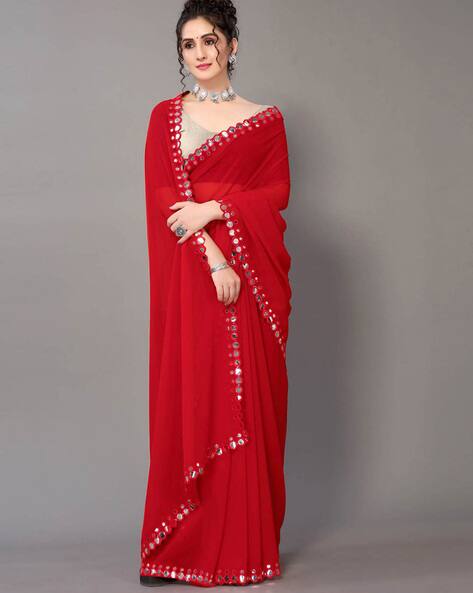 Red Saree With Mirror Work Blouse Pink Readymade Heavy Beaded Real