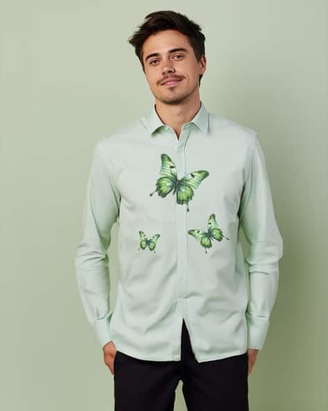 Men Butterfly Print Cotton Shirt with Spread Collar
