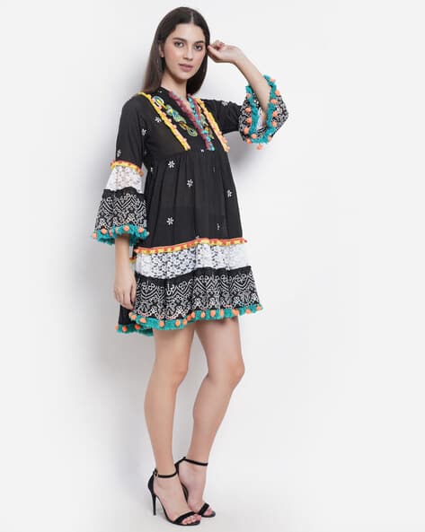 Embroidered Tiered A line Dress with Pom Poms