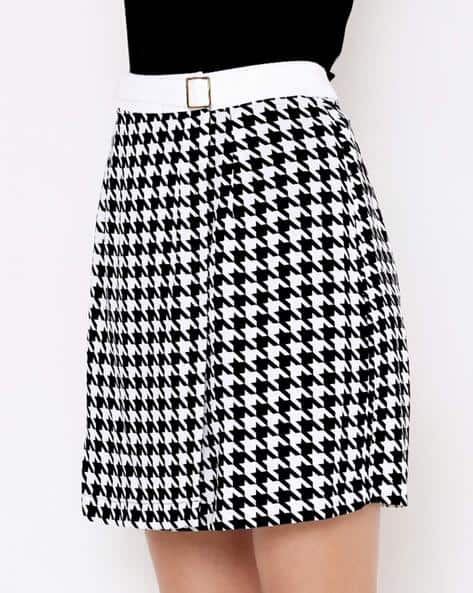Houndstooth Patterned Knit A line Pencil Skirt