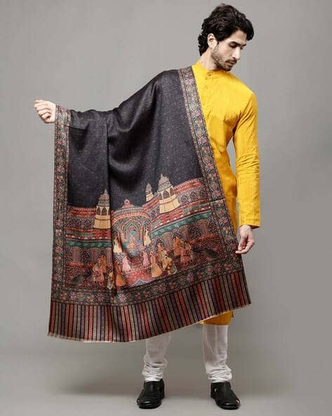 Digital Print Shawl with Fringed Hems