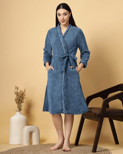 Women Cotton Bath Robe with Waist Belt
